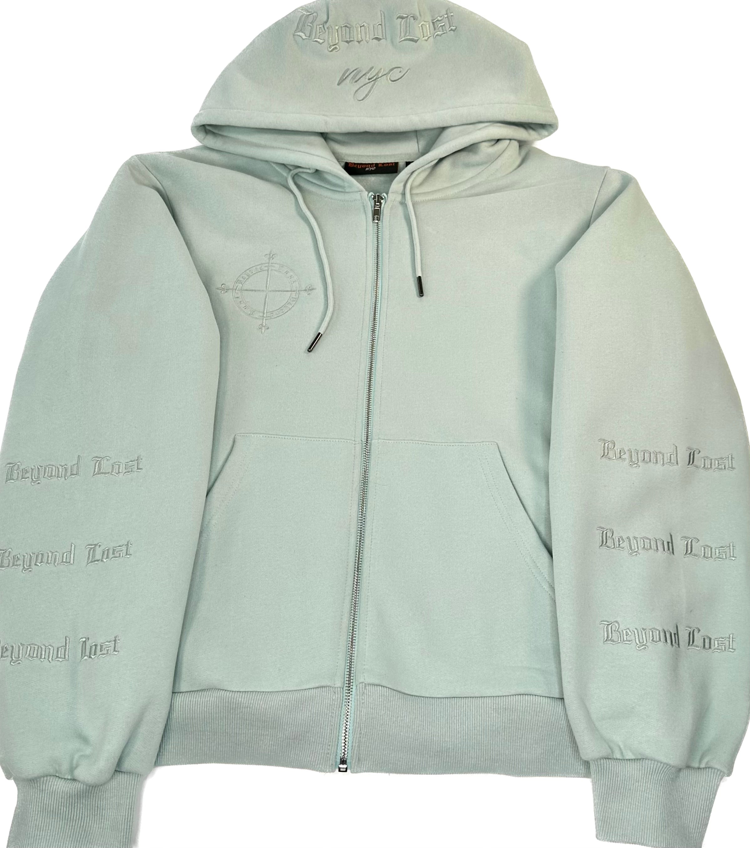Blue Ocean Mist Zip Up Hoodie: Monochrome Blue Embroidery – Beyond Lost NYC
